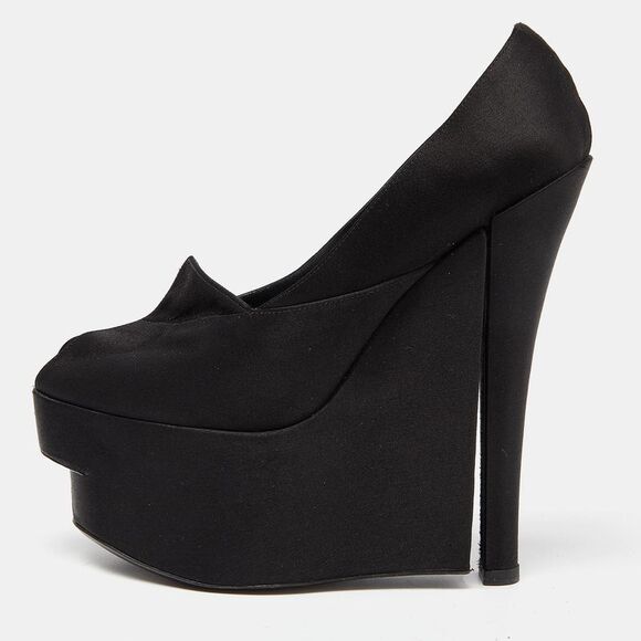 Louis Vuitton | Shoes | Louis Vuitton Black Satin Peep Toe Platform Wedge Pumps Size 375 | Poshmark